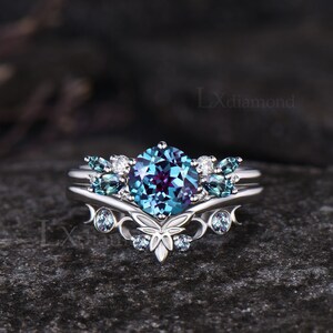 Art Deco Round Cut Alexandrite Engagement Ring Set Unique Leaf Nature ...
