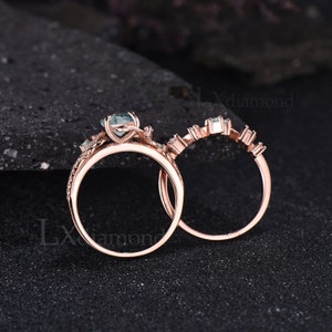 Art Deco Pear Cut Natural Moss Agate Engagement Ring Set Green Agate ...