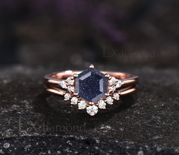 Blue Sandstone Ring Rose Gold Sterling Silver Unique Hexagon - Etsy