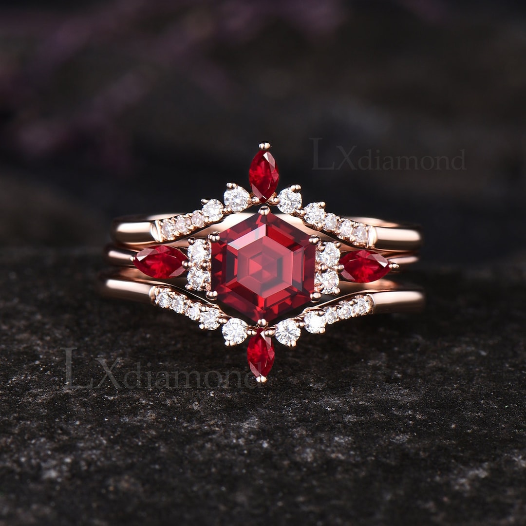 Antique July Birthstone Ruby Engagement Ring Set Unique 14k Rose Gold ...