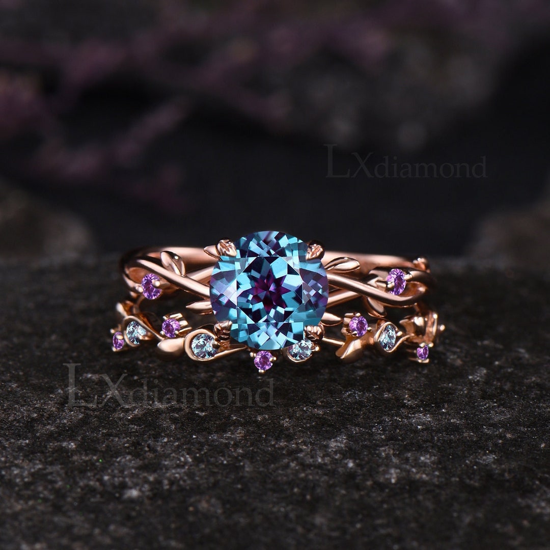 Unique Round Alexandrite Engagement Ring Set Vintage Purple Crystal ...