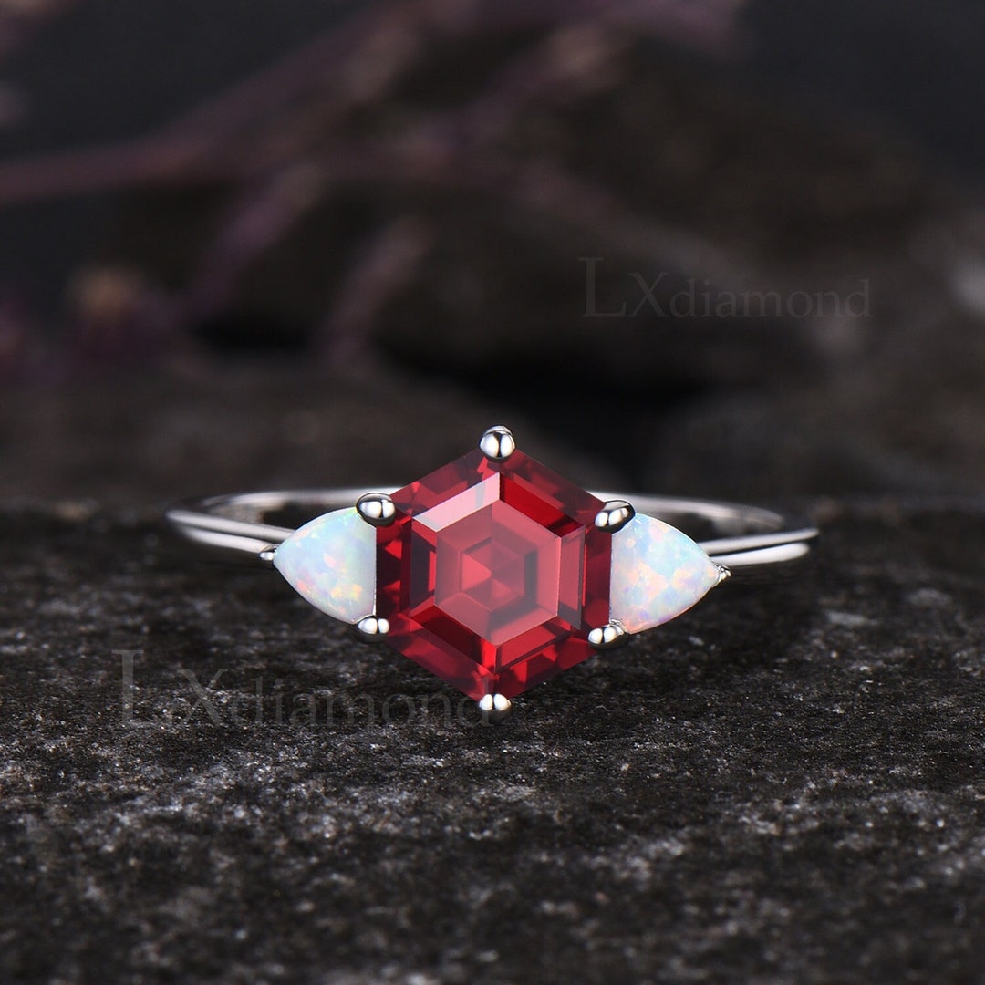 Vintage Hexagon Cut Ruby Engagement Ring Unique July Birthstone Red ...