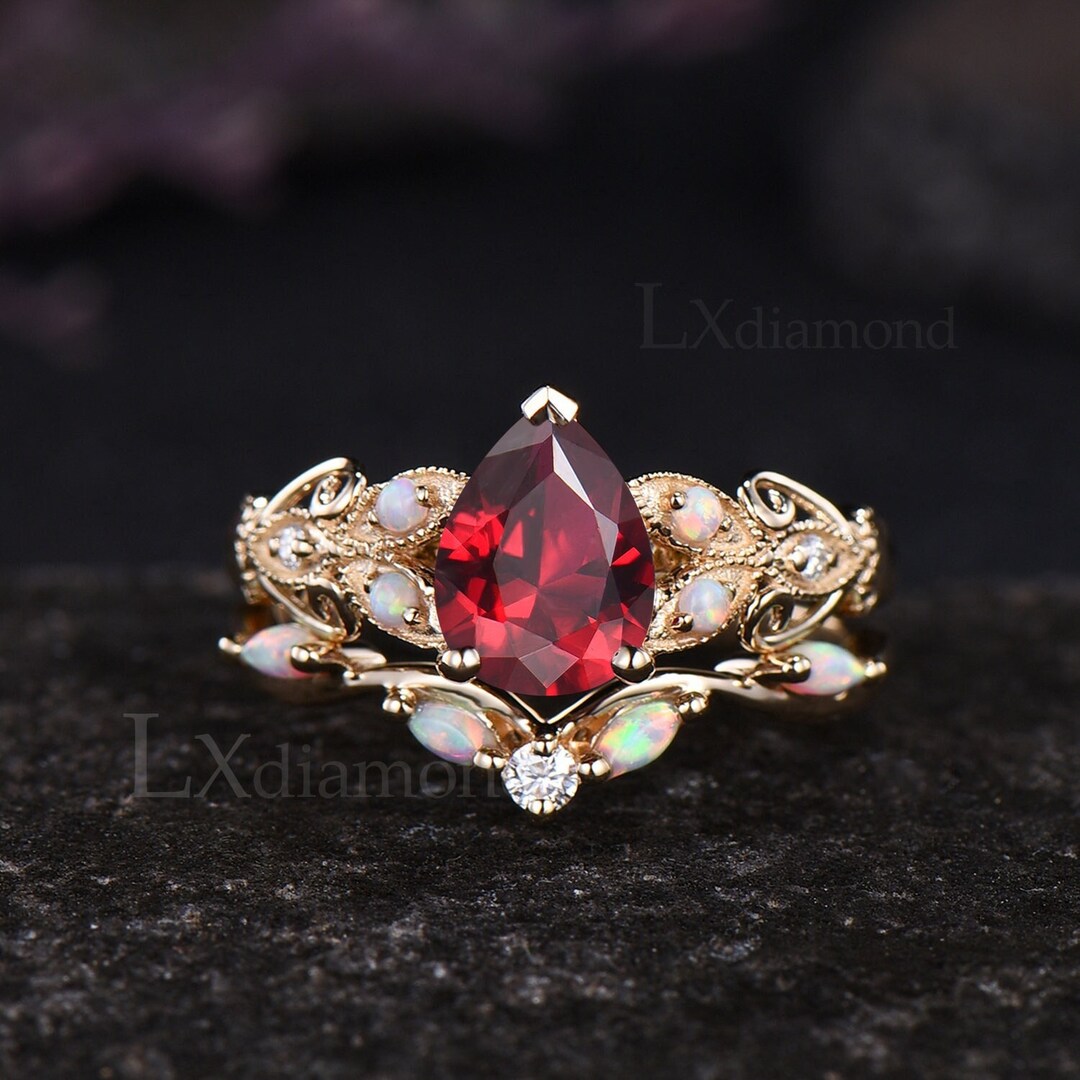 Milgrain Teardrop Ruby Engagement Ring Set Unique Vintage White Opal ...