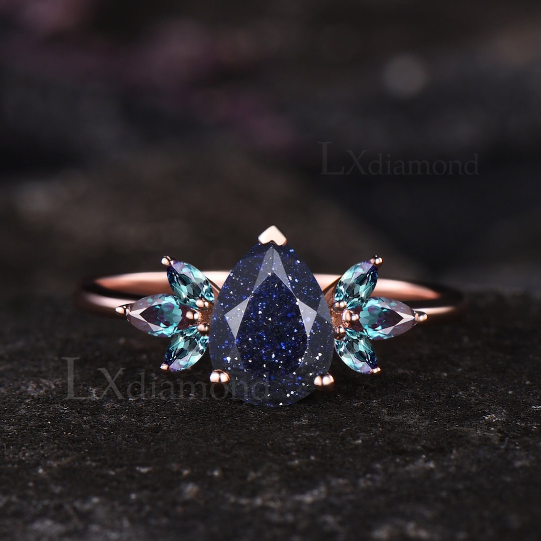 Art Deco Pear Cut Blue Sandstone Engagement Ring Unique Rose Gold Seven ...