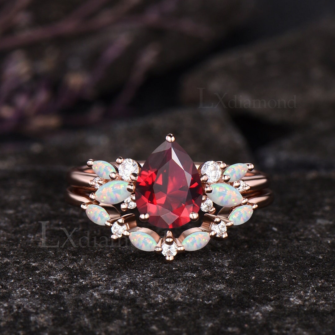 Vintage Teardrop Ruby Engagement Ring Set Unique 14k Rose Gold ...