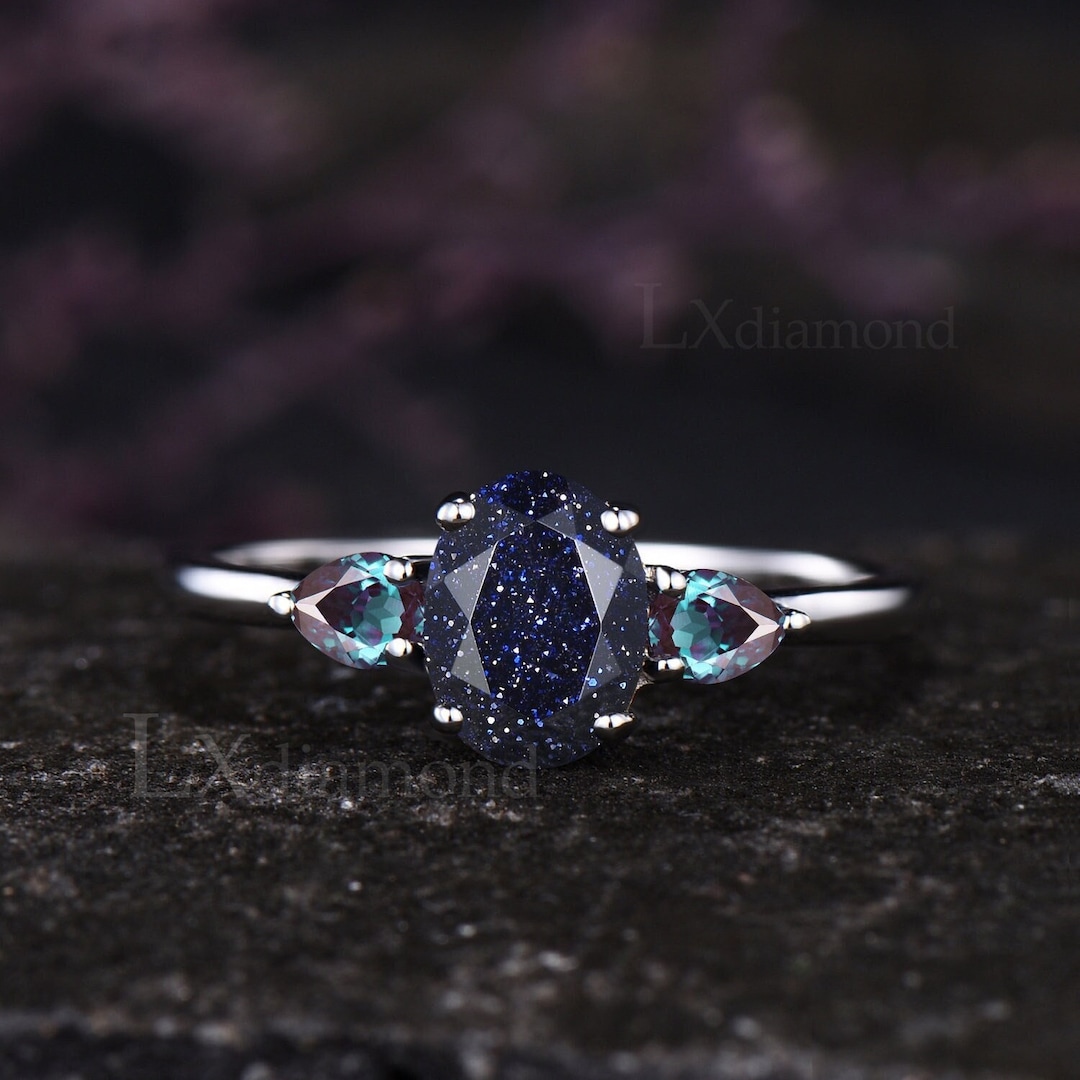 Oval Galaxy Blue Sandstone Engagement Ring Teardrop Alexandrite June ...