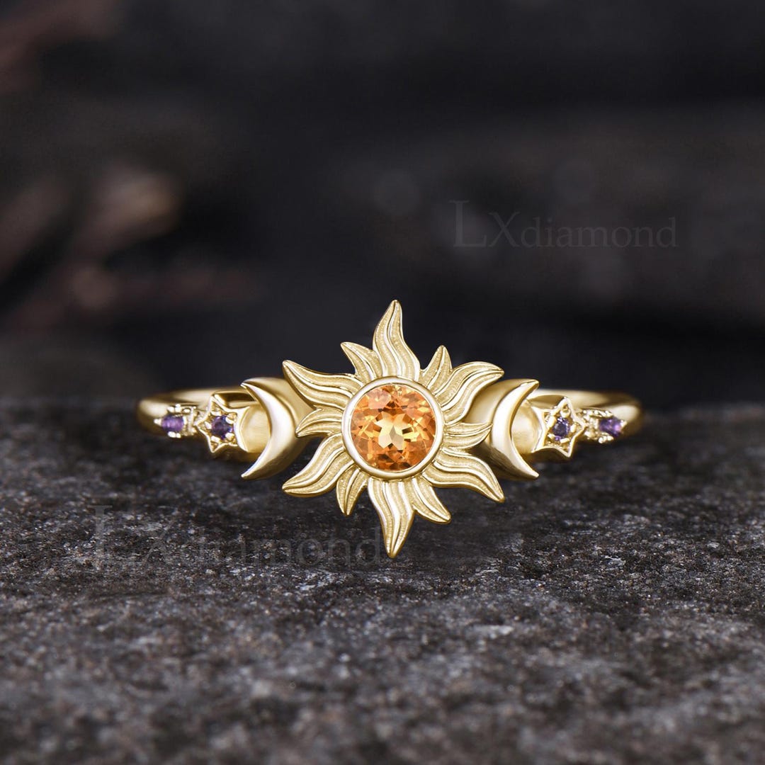 Dainty Sunburst Sun Ring Unique Round Cut Natural Citrine Amethyst ...