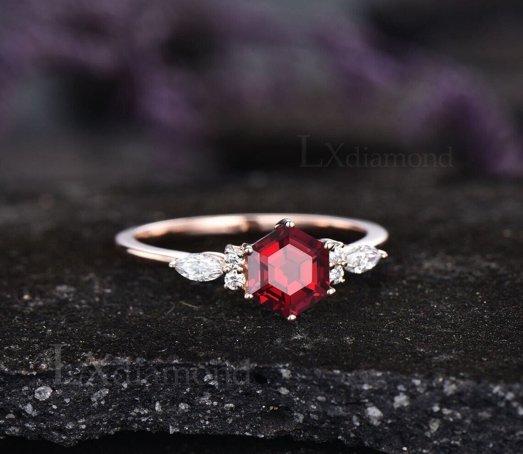 Vintage 6x6mm Hexagon Cut Ruby Engagement Ring Unique Solid Rose Gold ...