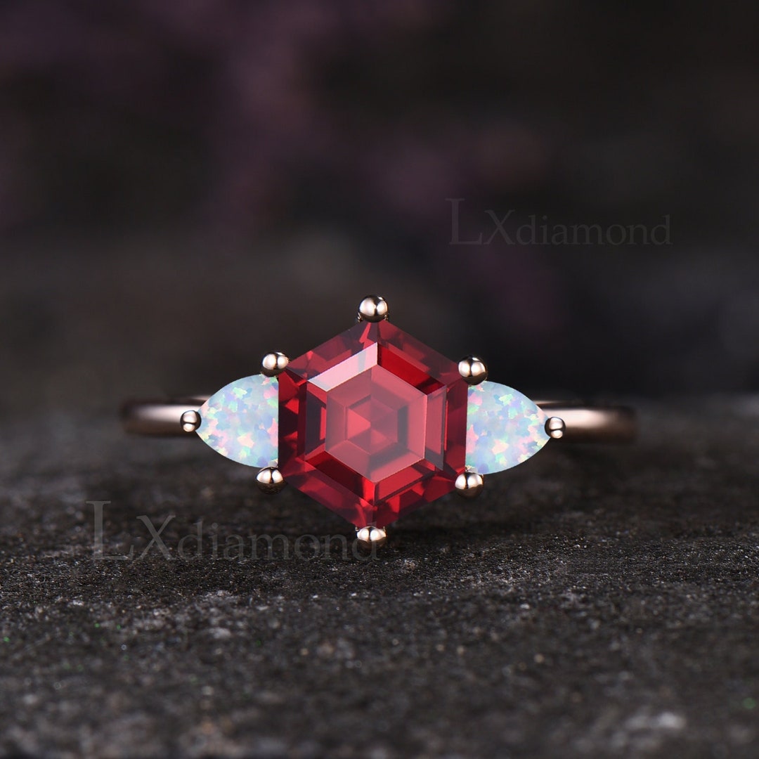 Vintage Hexagon Cut Ruby Engagement Ring Unique July - Etsy
