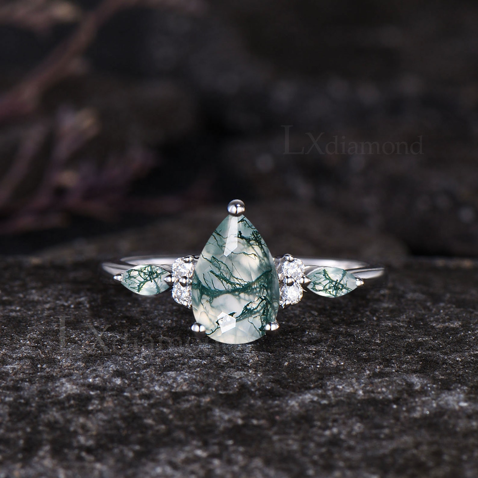 Unique Teardrop Natural Green Moss Agate Engagement Ring Set Vintage ...