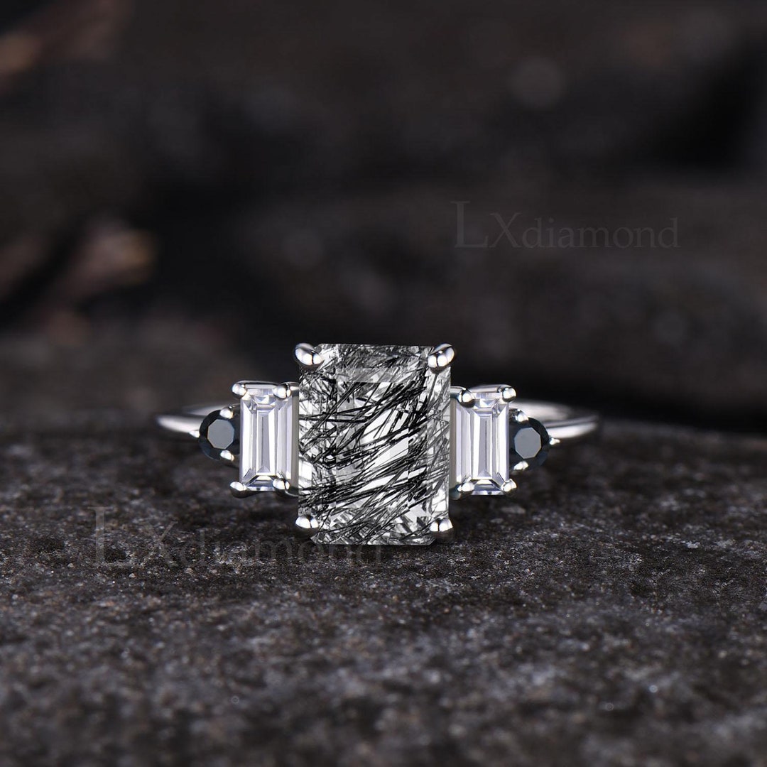 Unique Emerald Cut Black Rutilated Quartz Engagement Ring Vintage ...