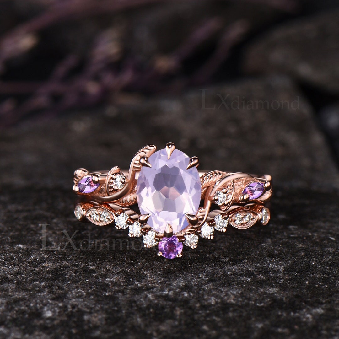 Oval Cut Lavender Amethyst Engagement Ring Set Leaf Nature Inspired ...