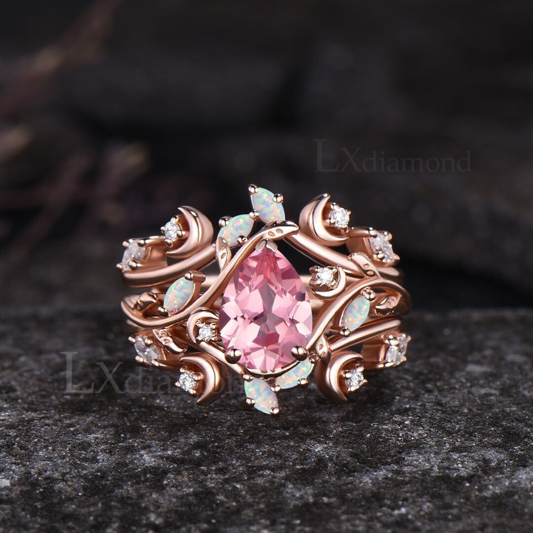 Pear Cut Papalacha Sapphire Engagement Ring Set Unique Leaf Nature ...