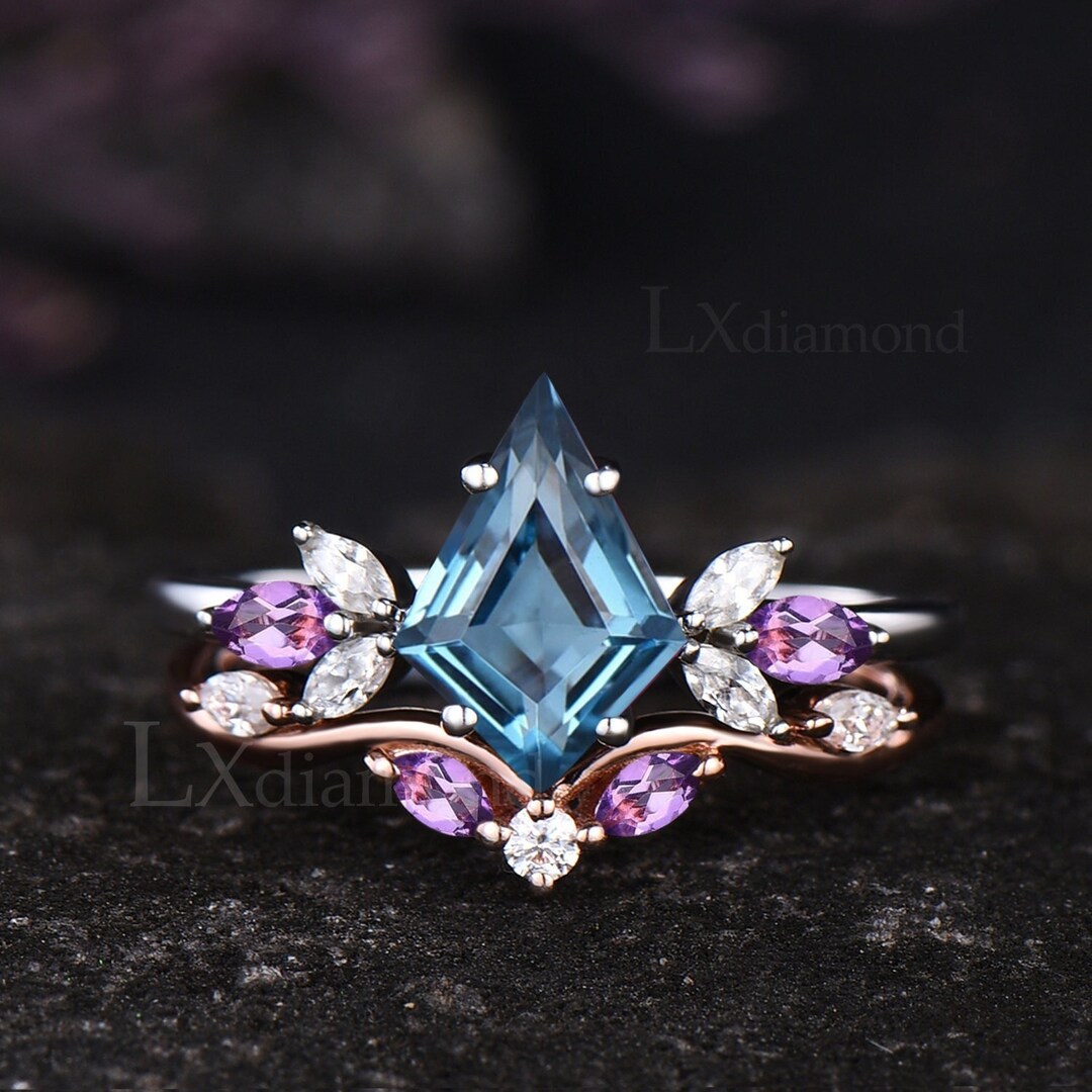 Unique Kite Cut Natural London Blue Topaz Engagement Ring Set Marquise ...