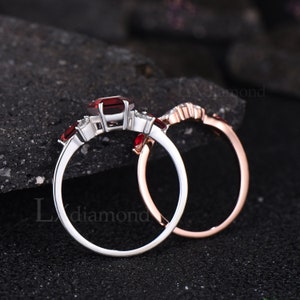 Kite Cut Ruby Engagement Ring Set Vintage Red Gemstone July Birthstone ...