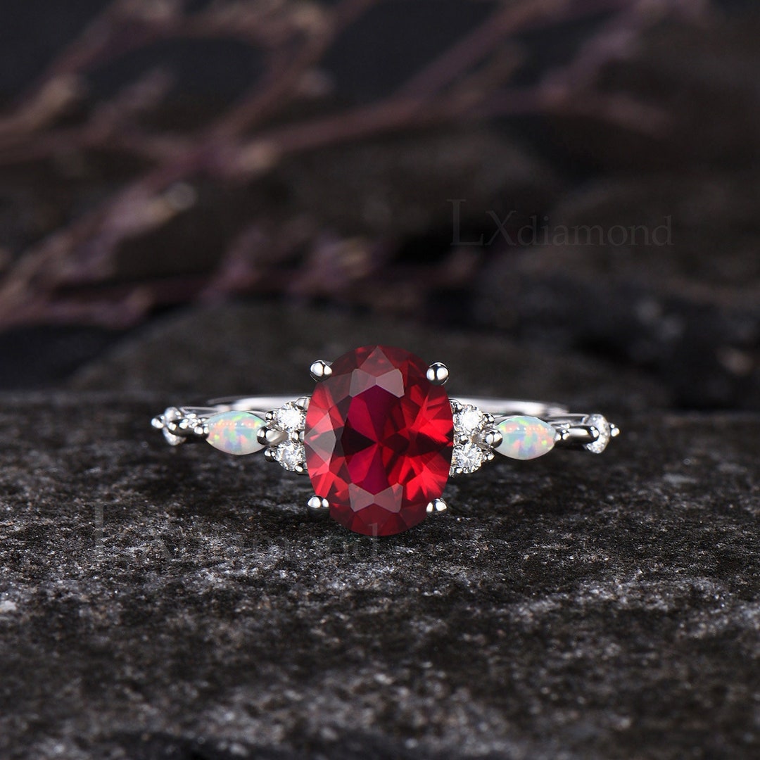 Vintage Oval Cut Ruby Engagement Ring Antique 14k White Gold Moissanite ...