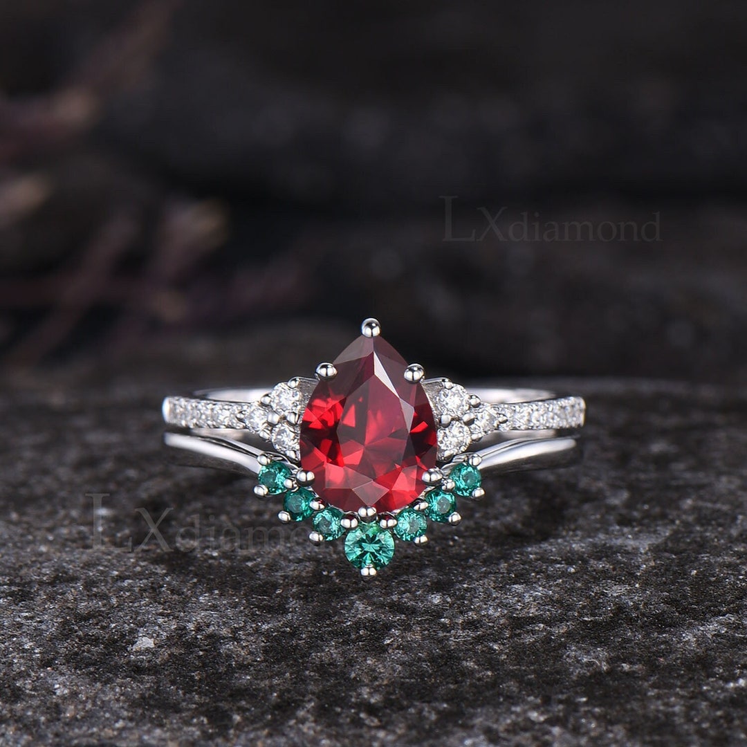 Teardrop Ruby Engagement Ring Set Unique Emerald Contour Wedding Band ...