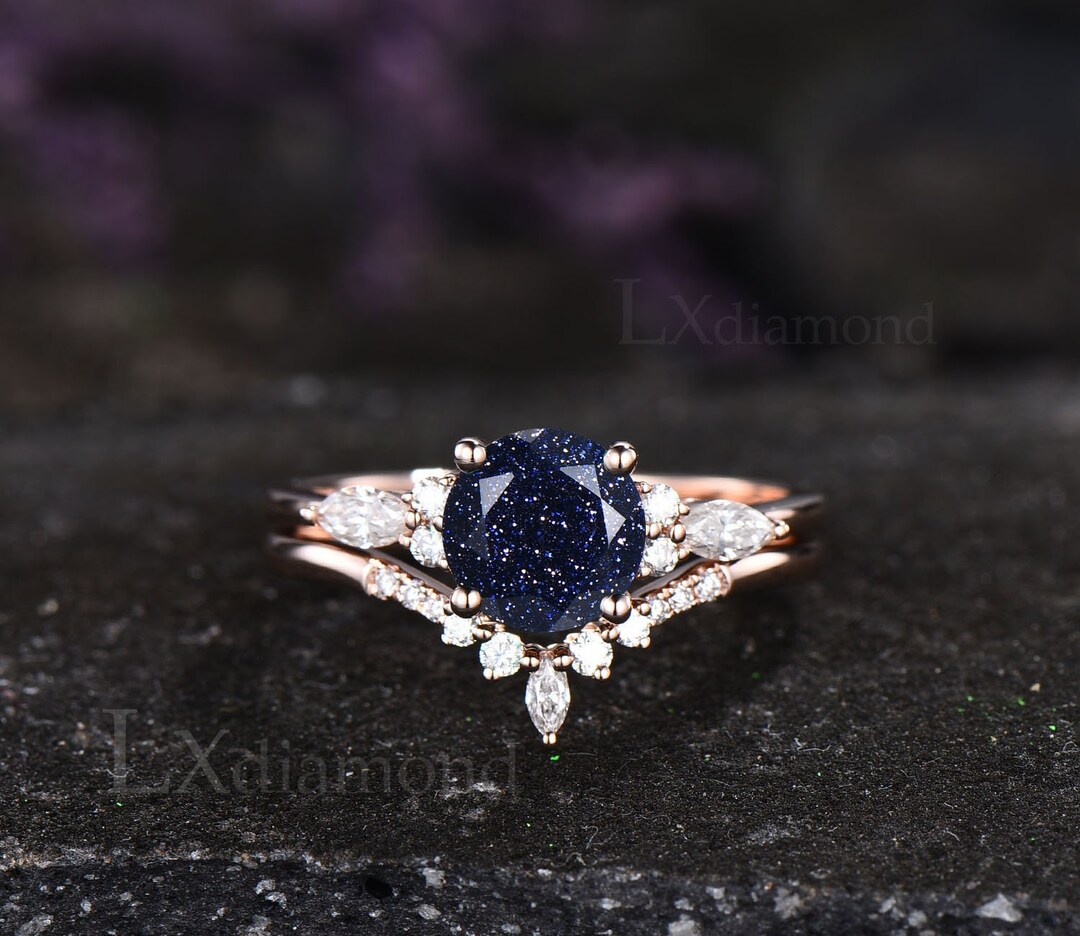 Round Blue Sandstone Ring Set Blue Sandstone Engagement Ring - Etsy