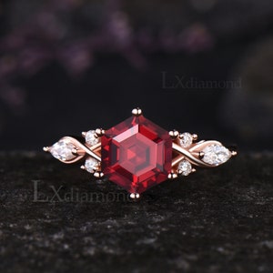 Antique Hexagon Cut Ruby Engagement Ring Set Vintage July Birthstone ...