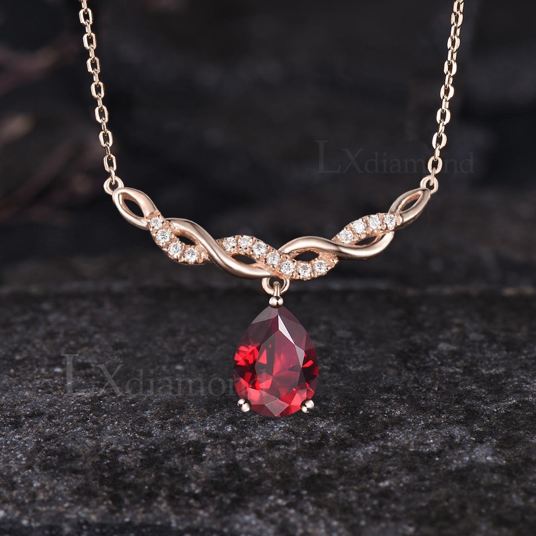 Pear Cut Ruby Necklace Delicate 14k Rose Gold Moissanite Twisted Split ...