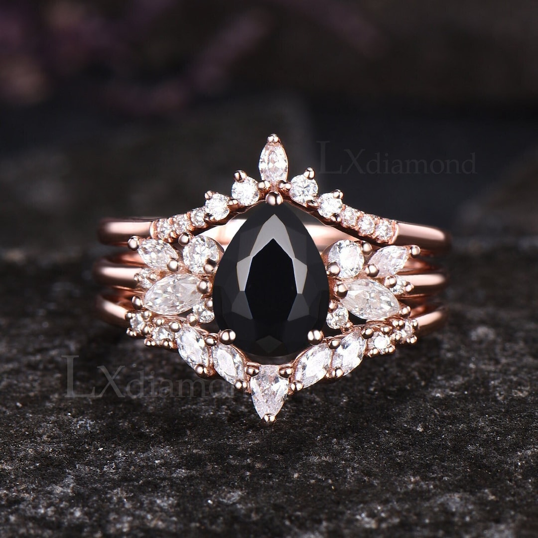 Conjunto de anillos de compromiso de ónix negro natural talla pera ...