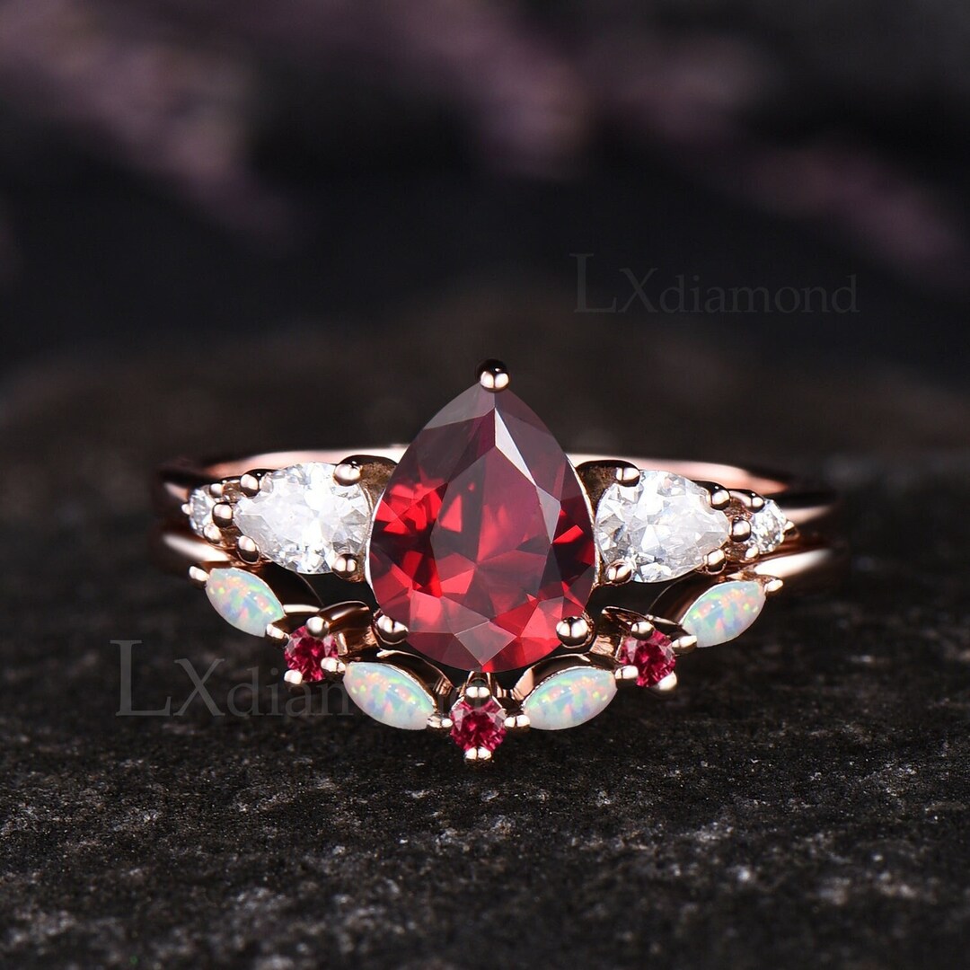 Teardrop Ruby Engagement Ring Set Moissanite White Opal Red Gemstone ...