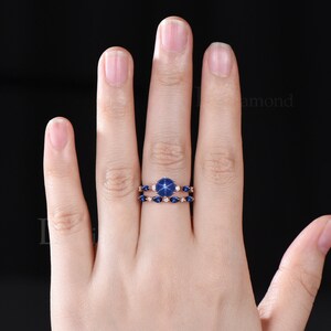 Unique Round Blue Star Sapphire Engagement Ring Set Vintage September ...
