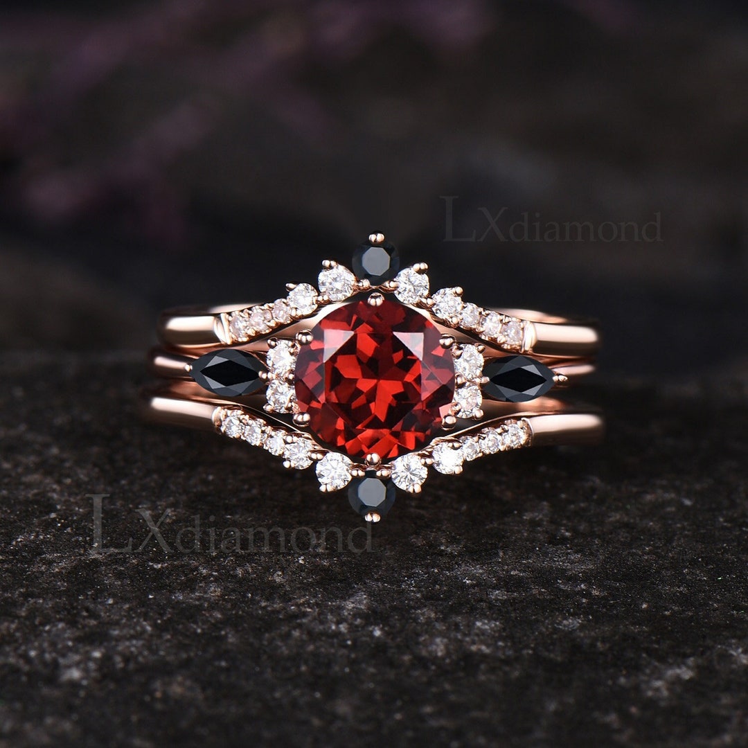 Unique Round Natural Garnet Engagement Ring Set Art Deco 14k Rose Gold ...