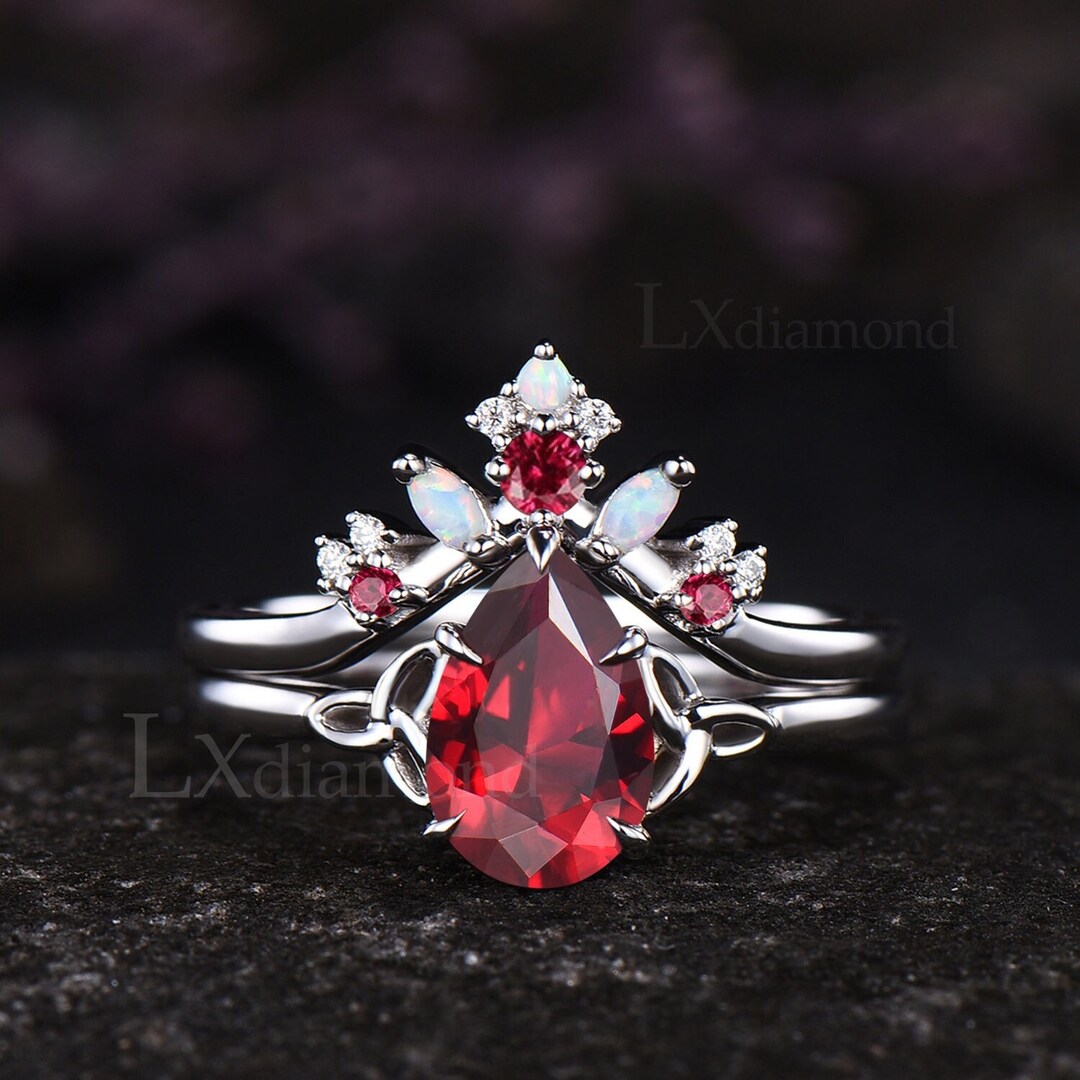 Teardrop Ruby Engagement Ring Set Unique July Birthstone Red Gemstone ...