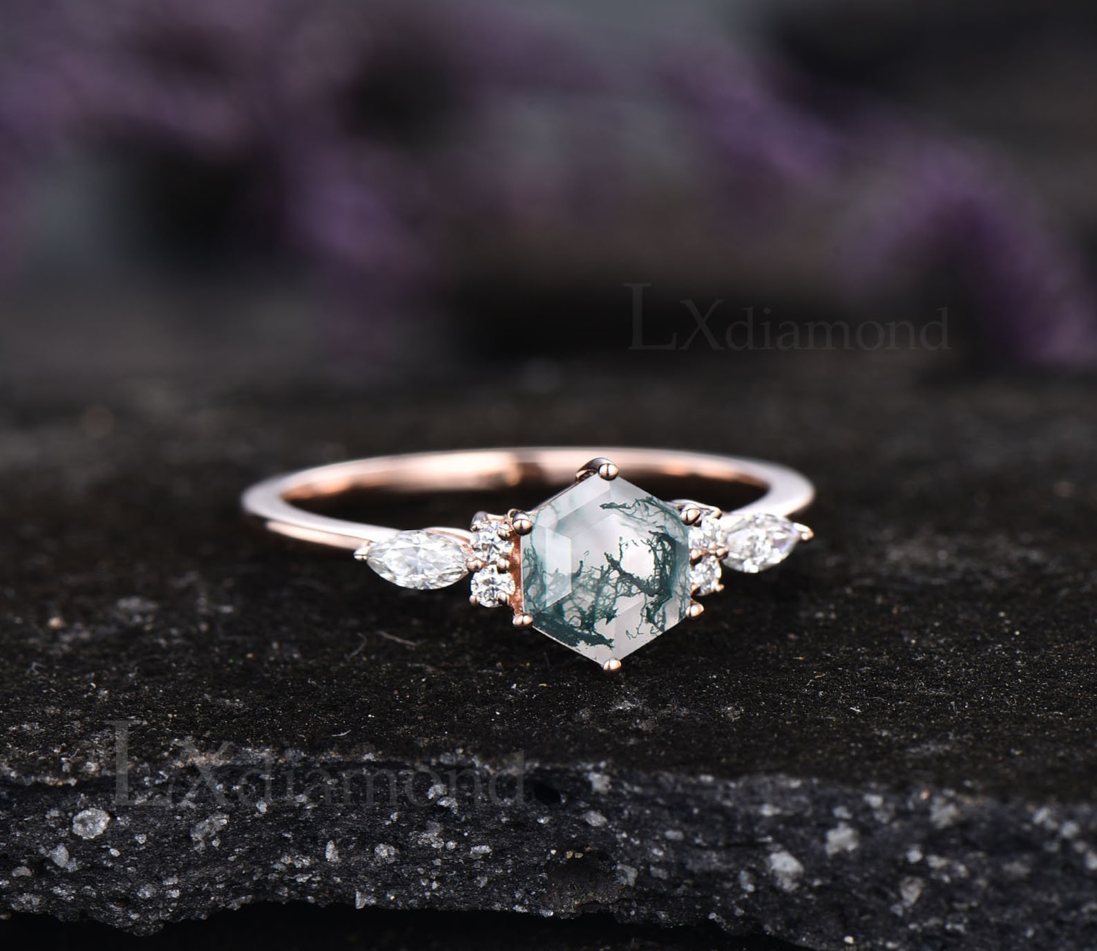 Green Moss Agate Ring Gold Moss Agate Engagement Ring Rose | Etsy