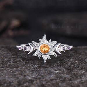 Dainty Sunburst Sun Ring Unique Round Cut Natural Citrine Amethyst ...