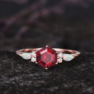 Vintage Hexagon Cut Ruby Engagement Ring Set Unique Opal Wedding Band ...