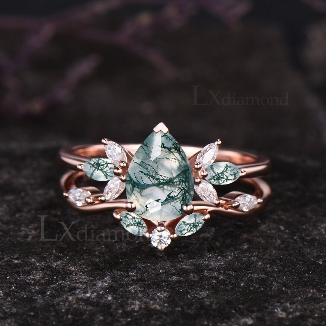 Unique Pear Cut Natural Moss Agate Engagement Ring Set Moissanite Cluster Ring Green Gemstone ...