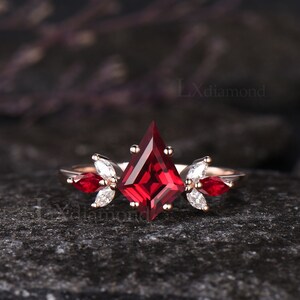 Kite Cut Ruby Engagement Ring Set Vintage Red Gemstone July Birthstone ...