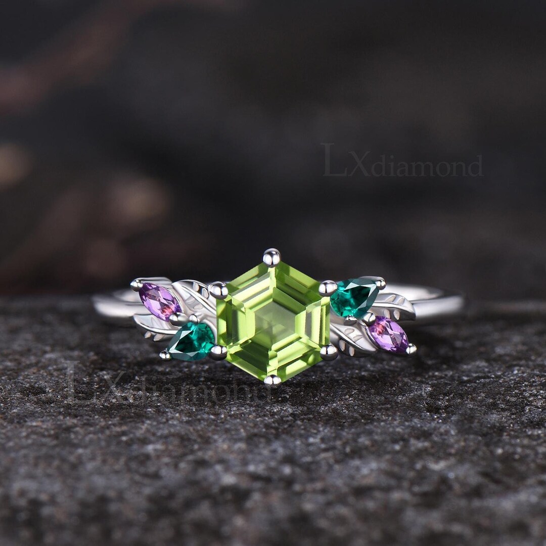 Delicate Leaf Nature Inspired Engagement Ring Unique Hexagon Cut August ...