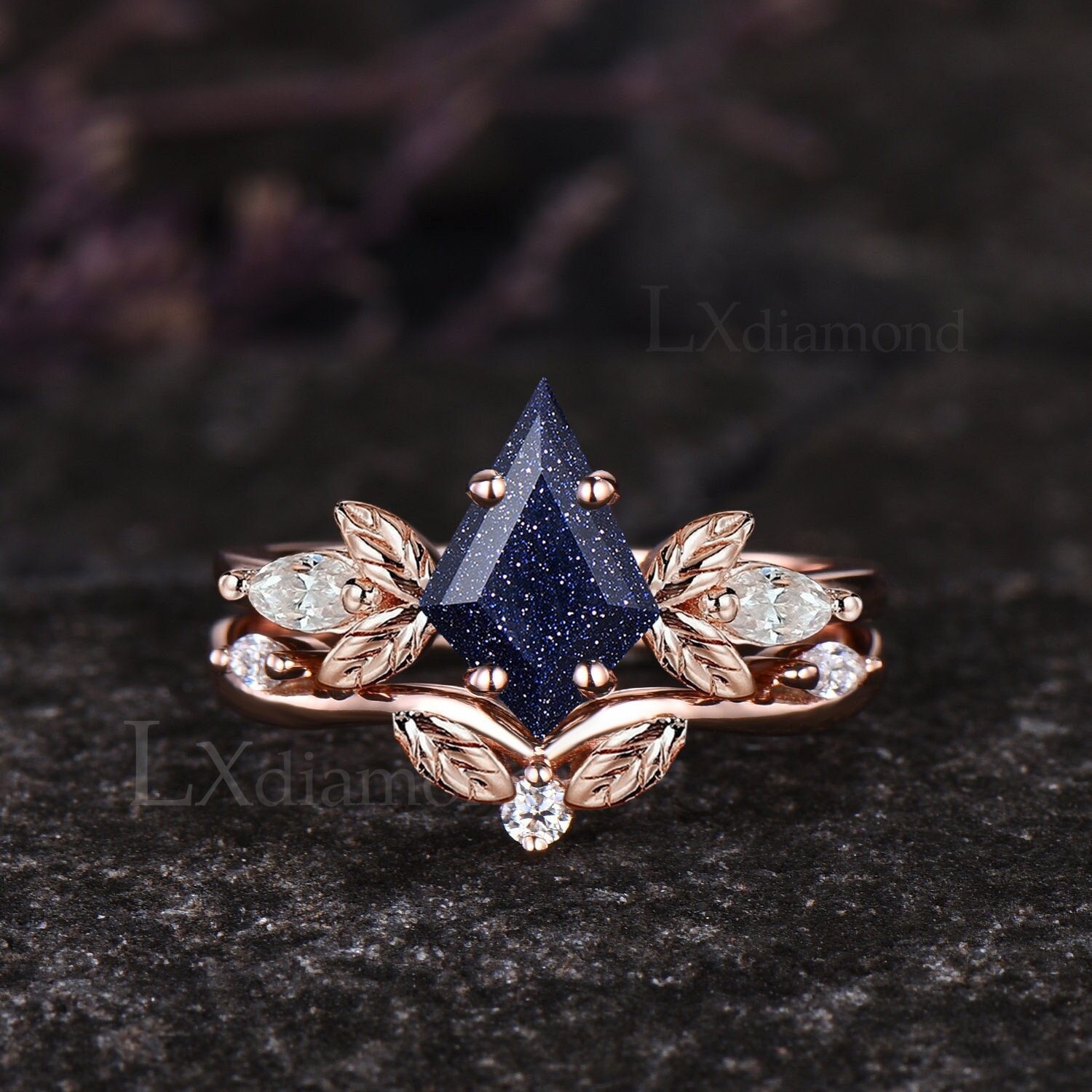 Kite Cut Galaxy Blue Sandstone Engagement Ring Set Unique 14k Rose Gold ...