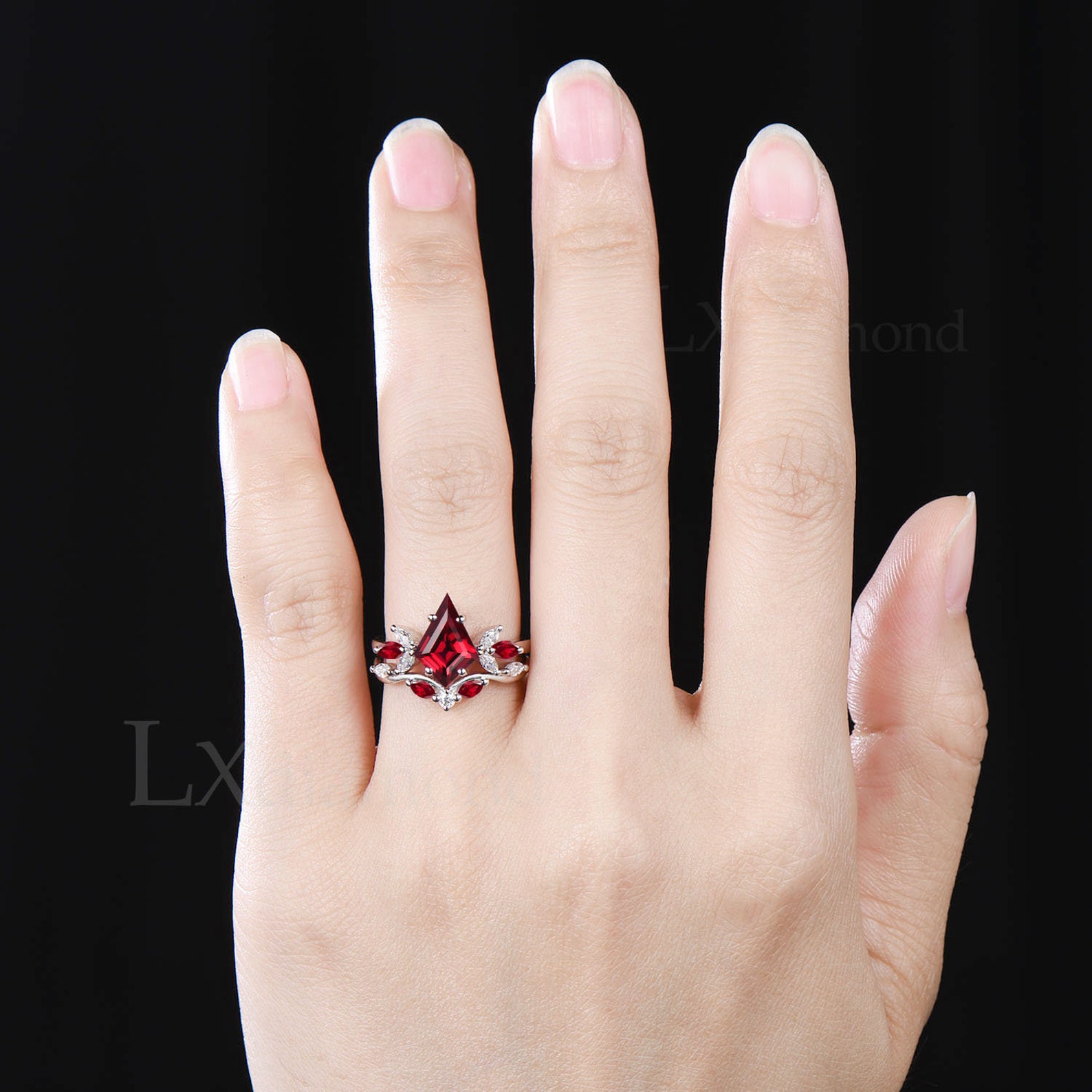 Kite Cut Ruby Engagement Ring Set Vintage Red Gemstone July Birthstone ...