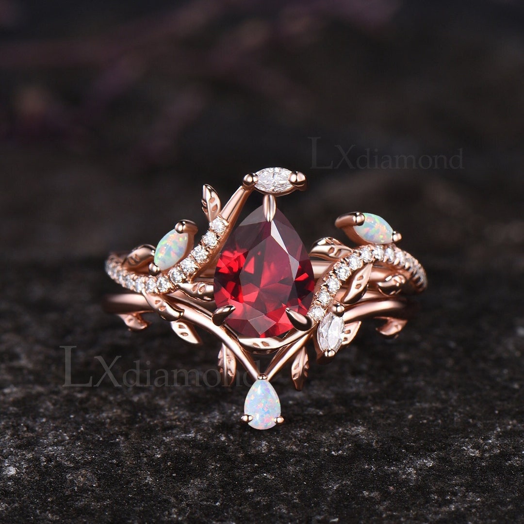 July Birthstone Teardrop Ruby Engagement Ring Set 14k Rose Gold Opal ...