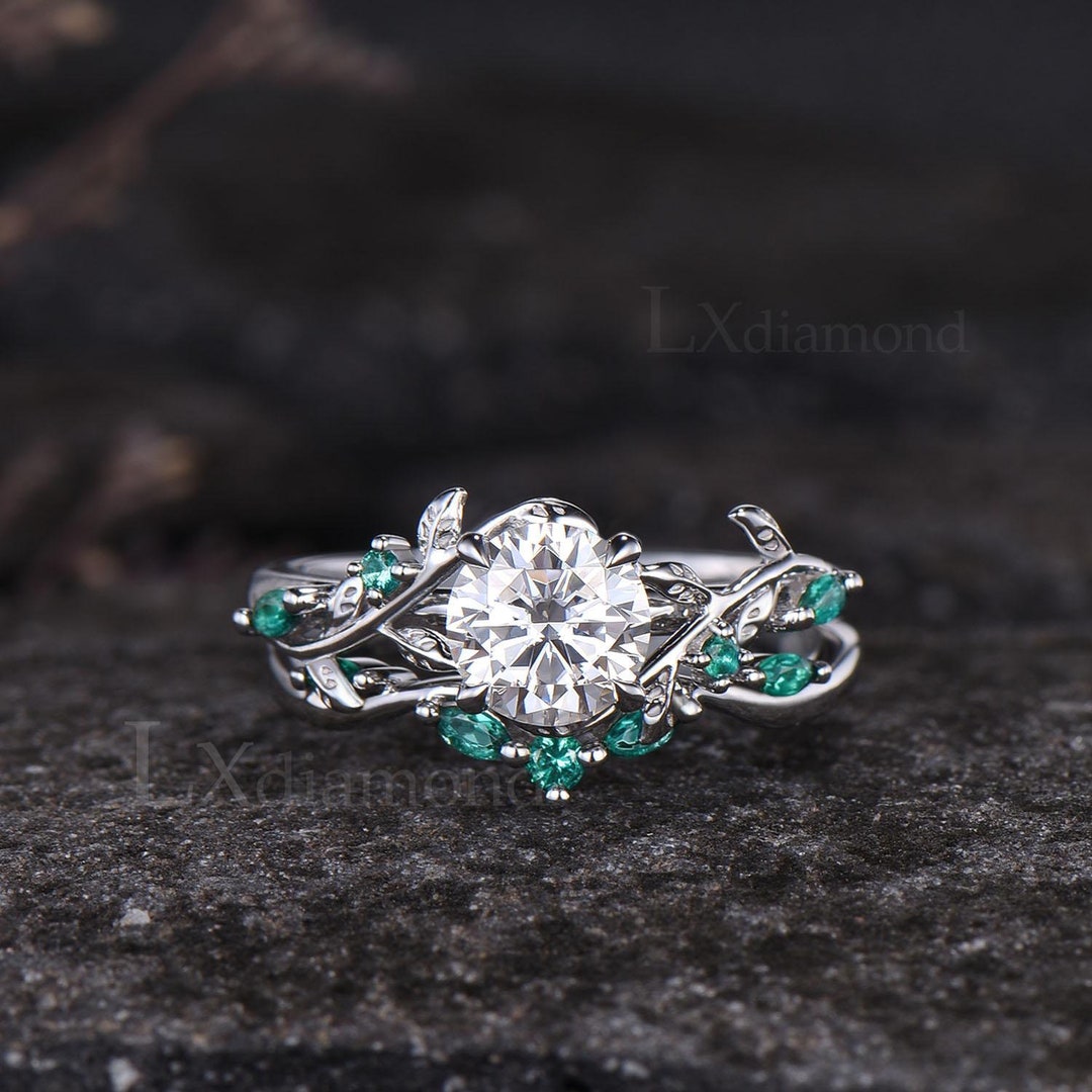 Art Deco Leaf Nature Inspired Engagement Ring Set Unique 1ct Round Cut ...