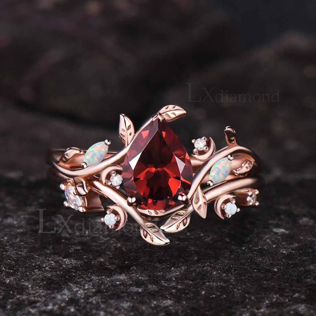 Art Deco Leaf Nature Inspired Engagement Ring Set Unique January ...