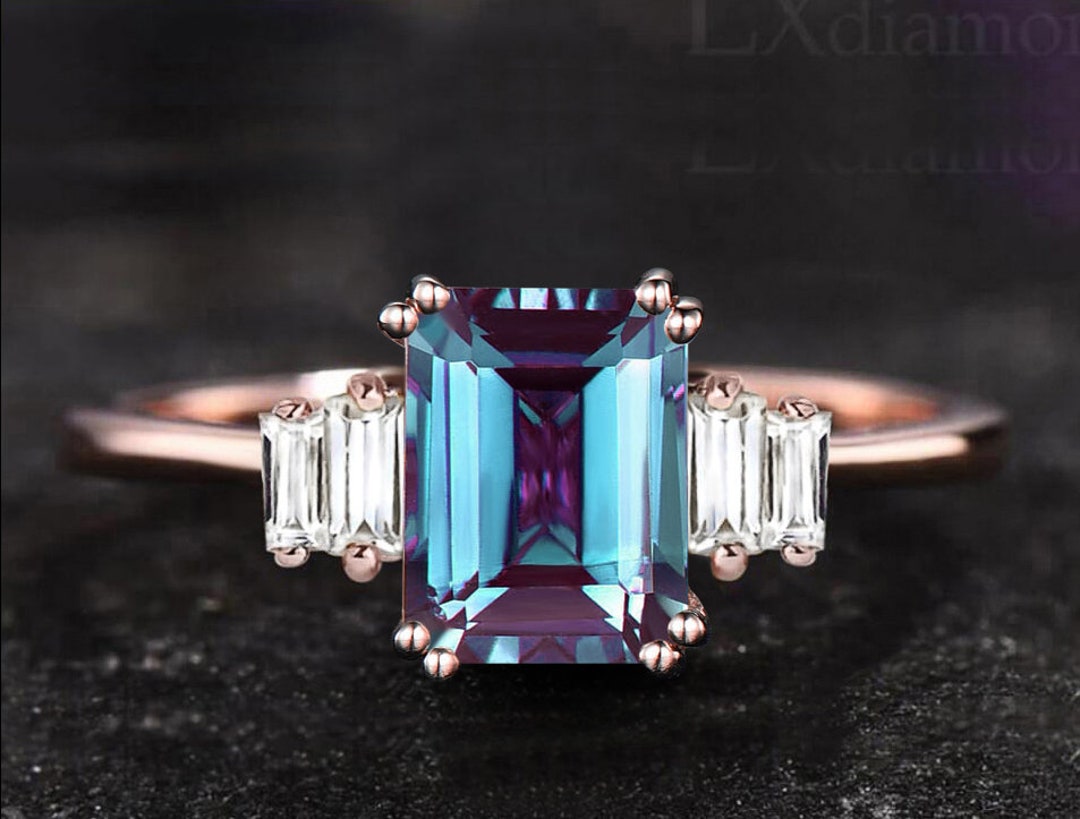 Emerald Cut Alexandrite Ring 14k Rose Gold Unique Engagement Ring Five ...