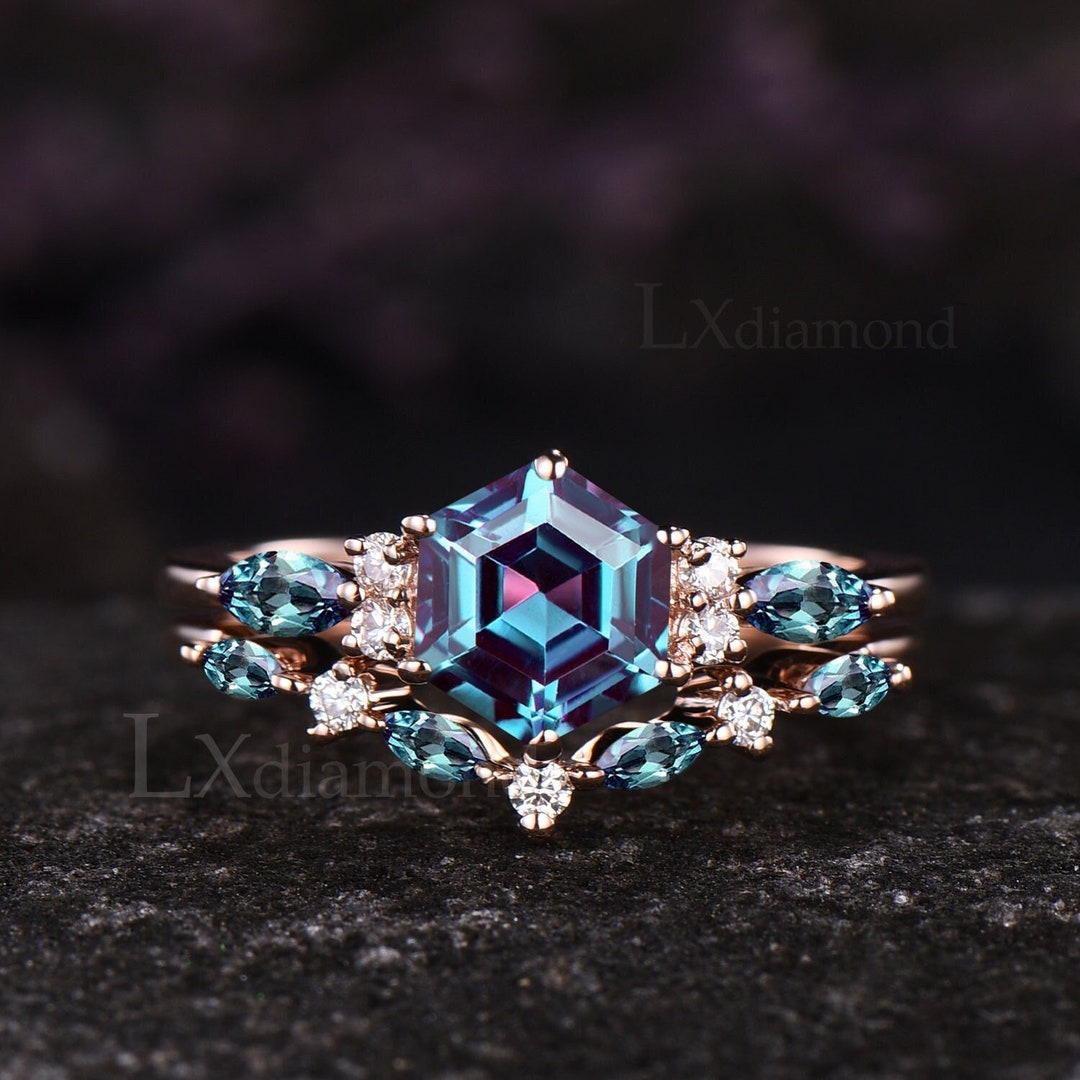 Unique June Birthstone Hexagon Cut Alexandrite Engagement Ring Set ...