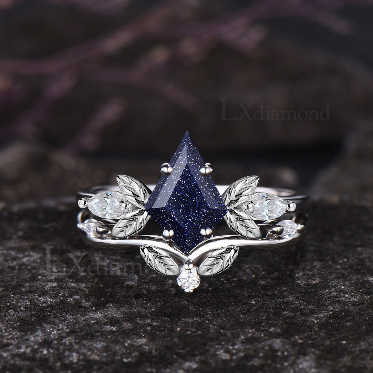 Kite Cut Galaxy Blue Sandstone Engagement Ring Set Unique 14k Rose Gold ...