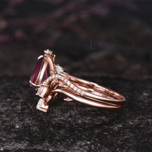July Birthstone Teardrop Ruby Engagement Ring Set 14k Rose Gold Opal ...