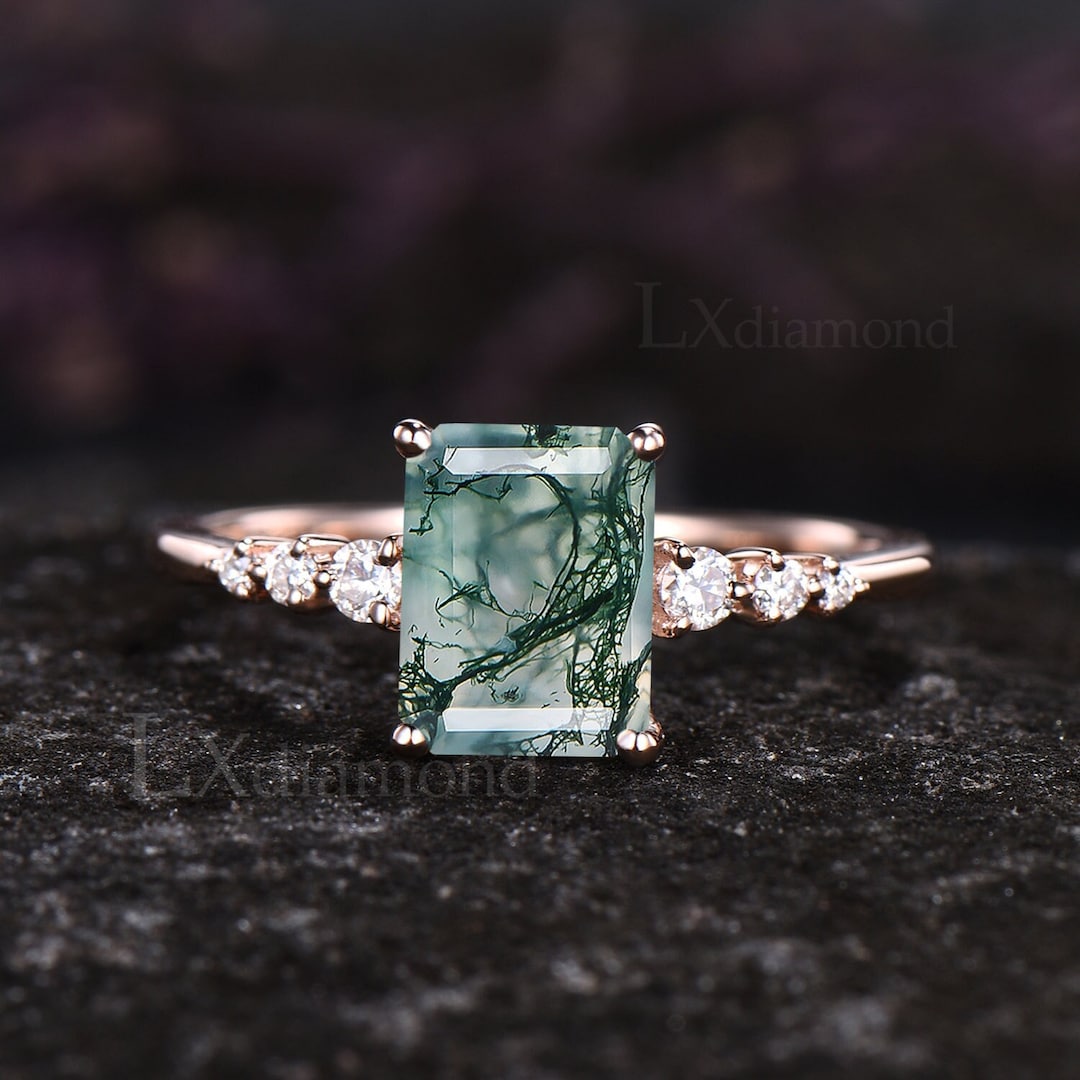 Emerald Cut Natural Green Moss Agate Engagement Ring Unique Moissanite ...