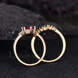 Teardrop Ruby Engagement Ring Set Unique Emerald Contour Wedding Band ...