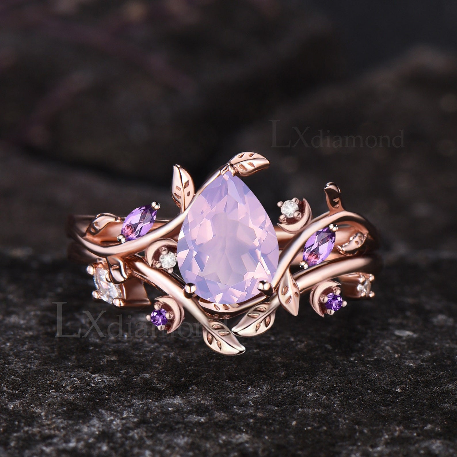 Teardrop Natural Lavender Amethyst Engagement Ring Set February Birthstone Amethyst Moon Ring ...
