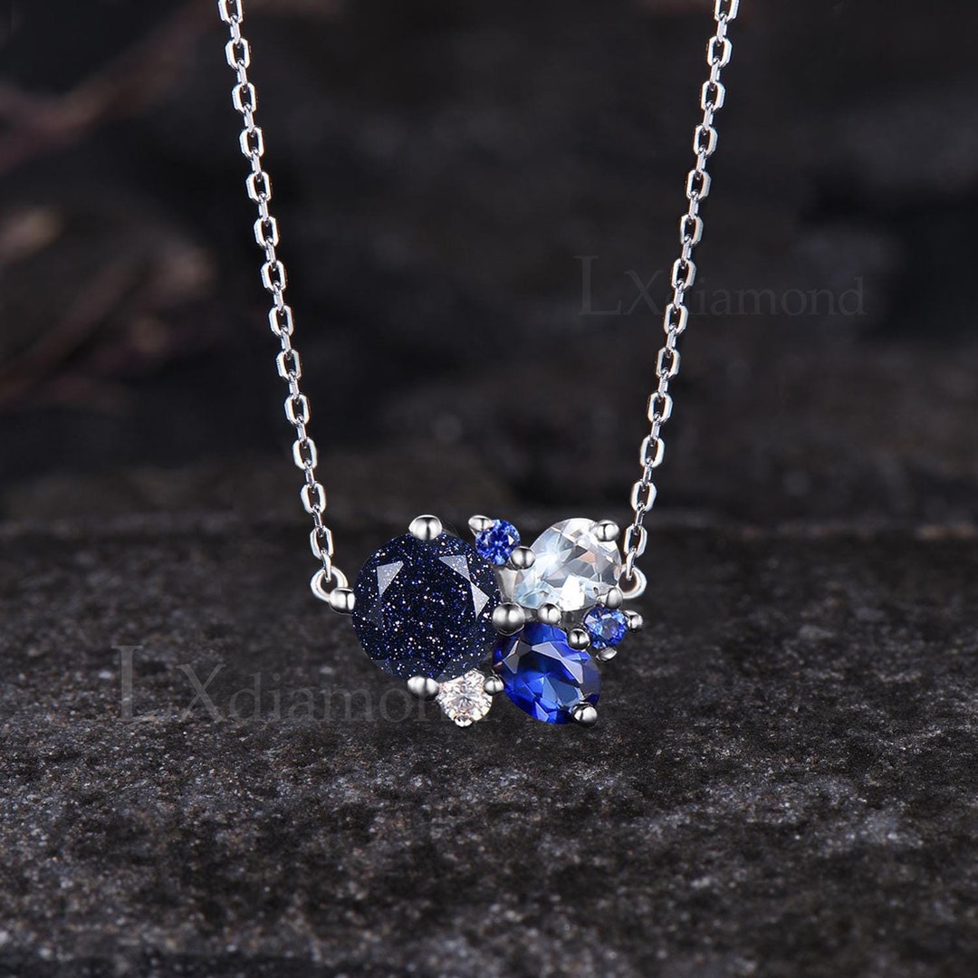 Galaxy 7mm Round Cut Blue Sandstone Necklace Art Deco Aquamarine Blue ...