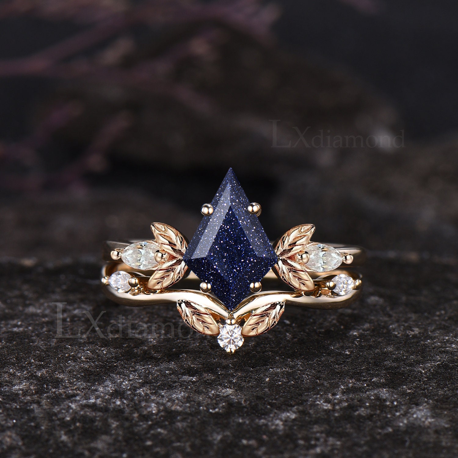 Kite Cut Galaxy Blue Sandstone Engagement Ring Set Unique 14k Rose Gold ...