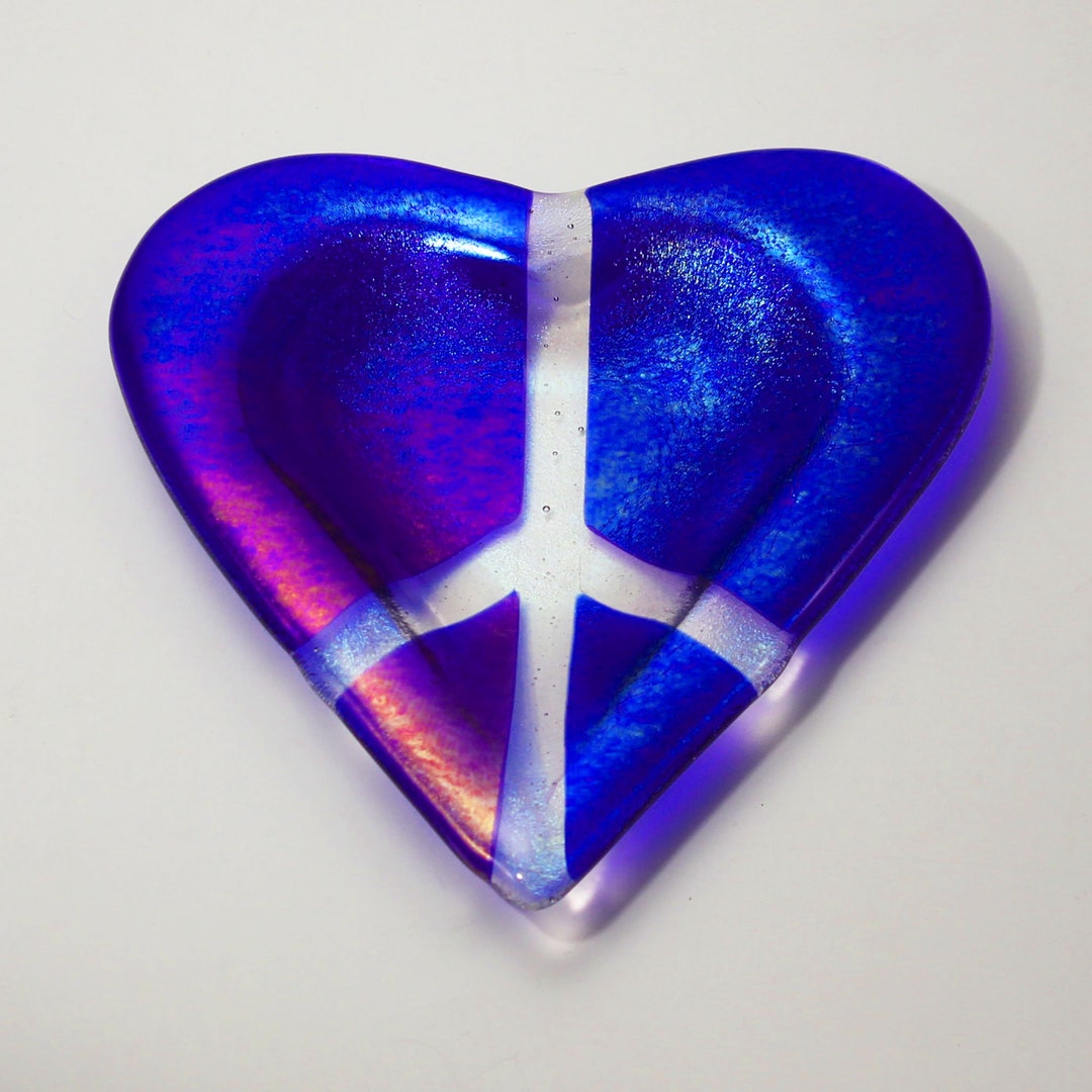 Peace Sign Glass Art Tray - Iridescent Blue - Heart Dish - Glass Art ...